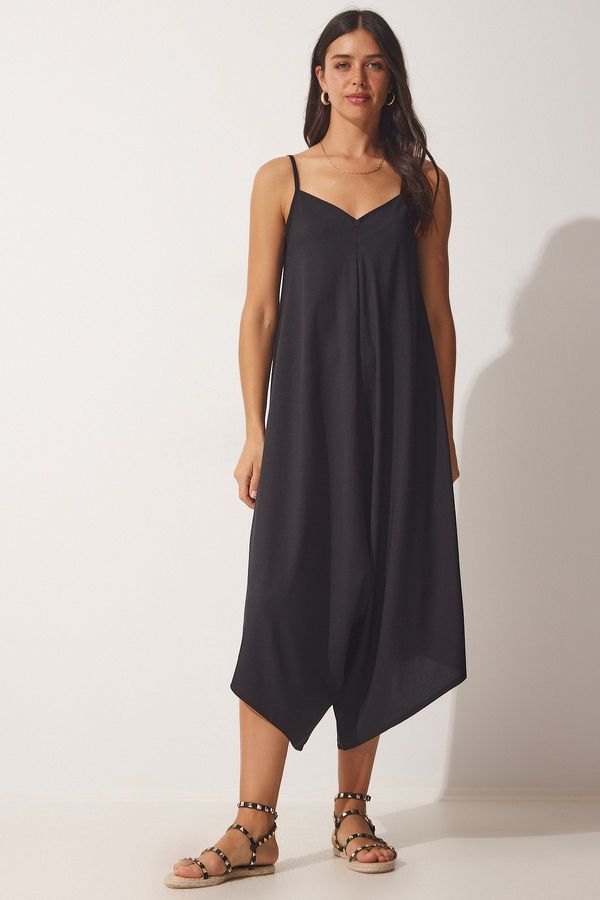 HAPPINESS İSTANBUL WOMEN'S BLACK STRAPLESS OVERSIZED FLOWY BAGGY OVERALLS