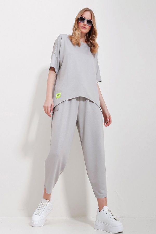 TREND ALAÇATI STILI WOMEN'S STONE CREW NECK ASYMMETRIC CUT COATED BLOUSE AND PANTS SUIT