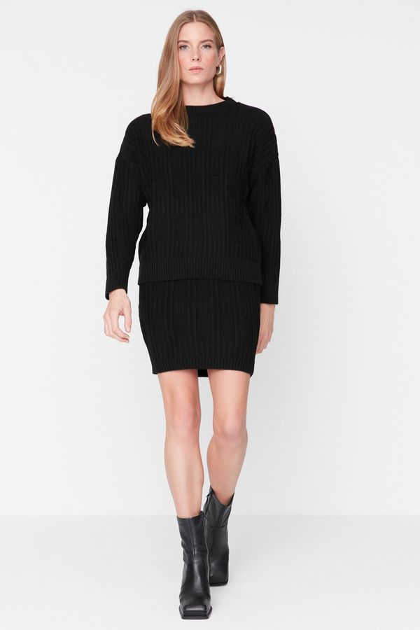 TRENDYOL BLACK KNITTED DETAILED KNITWEAR TOP AND BOTTOM SET