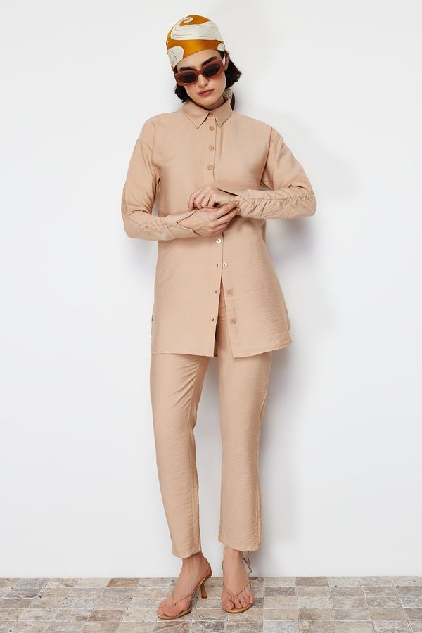 TRENDYOL STONE SLEEVES GATHERED AEROBIN SHIRT TROUSERS WOVEN BOTTOM TOP SET