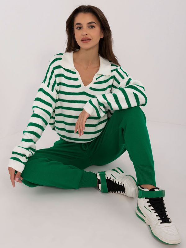 ECRU AND GREEN STRIPED CASUAL KNIT SET
