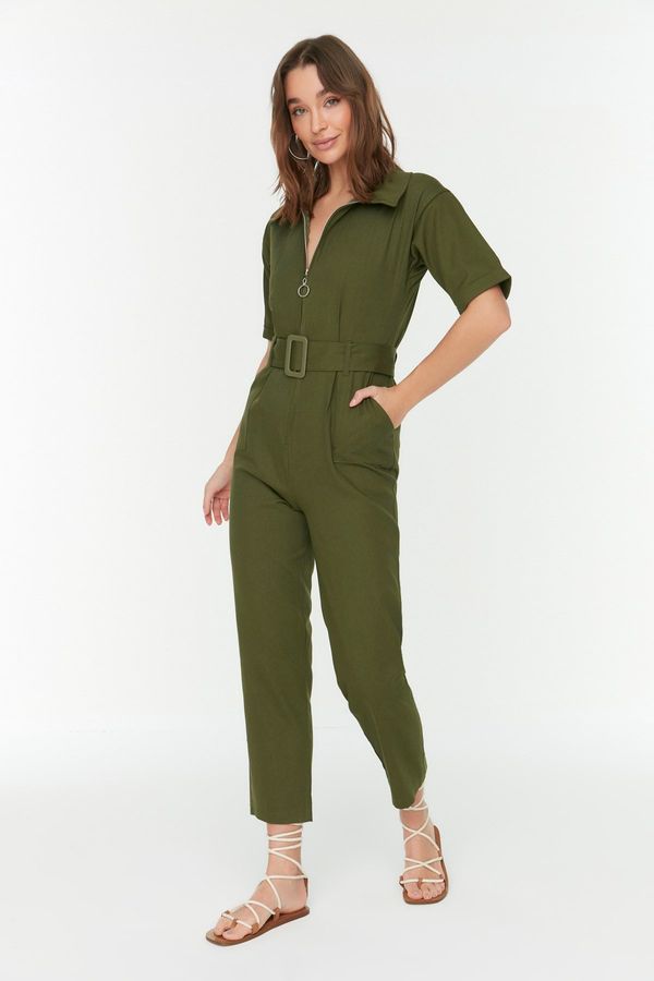TRENDYOL KHAKI BELTED ZIPPER DETAILED WOVEN JUMPSUIT