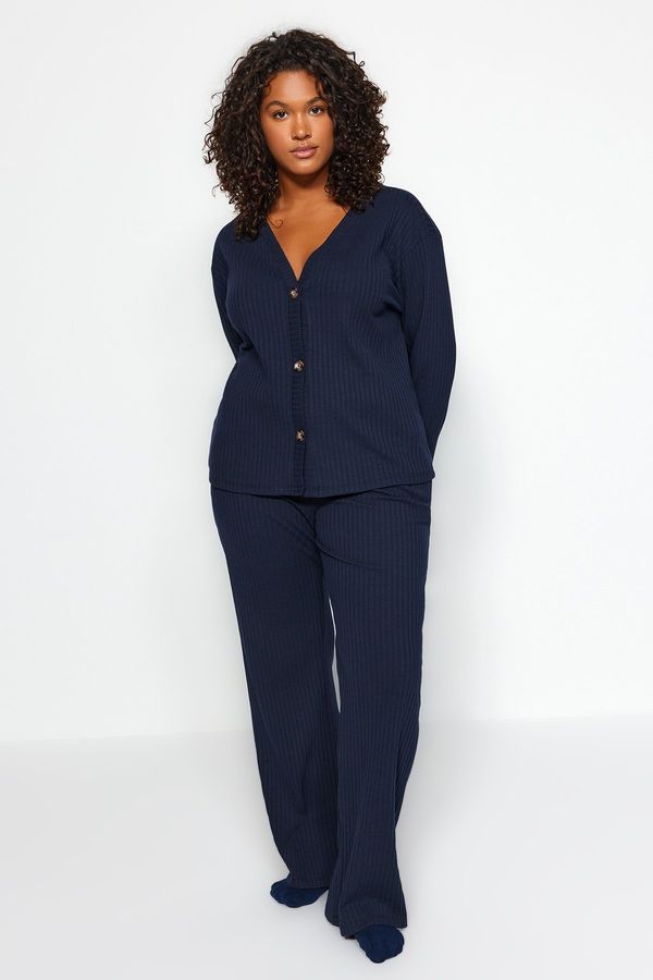 TRENDYOL CURVE NAVY BLUE RIBBED KNITTED TOP-UPPER SET