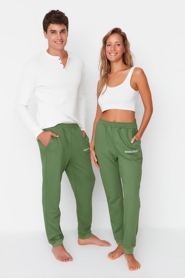 TRENDYOL KHAKI UNISEX REGULAR/NORMAL CUT PRINTED KNITTED ELASTIC LEGS THICK COTTON SWEATPANTS