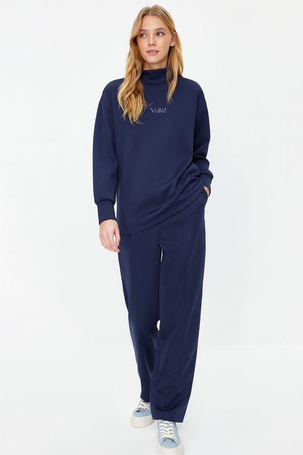 TRENDYOL NAVY BLUE EMBROIDERY LETTERED DIVER/SCUBA KNITTED TRACKSUIT SET