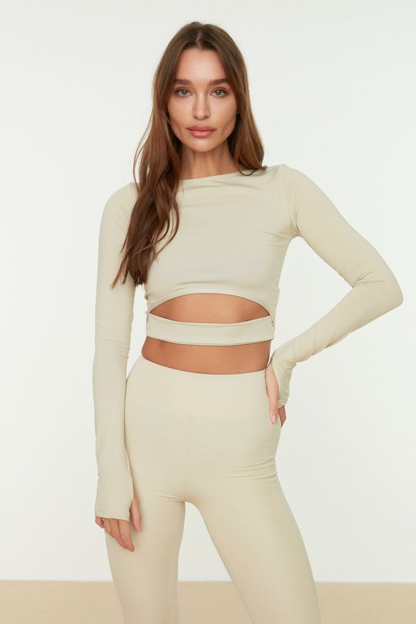 TRENDYOL STONE CROP WINDOW/CUT OUT AND THUMB HOLE DETAIL KNITTED SPORTS TOP/BLOUSE