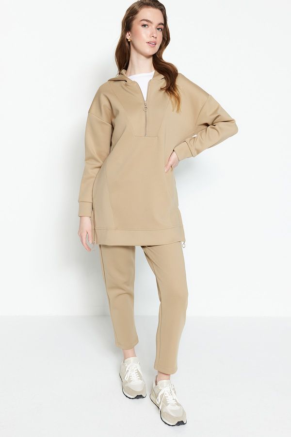 TRENDYOL CREAM FRONT ZIPPER SOFT TEXTURED SCUBA KNITTED TRACKSUIT SET