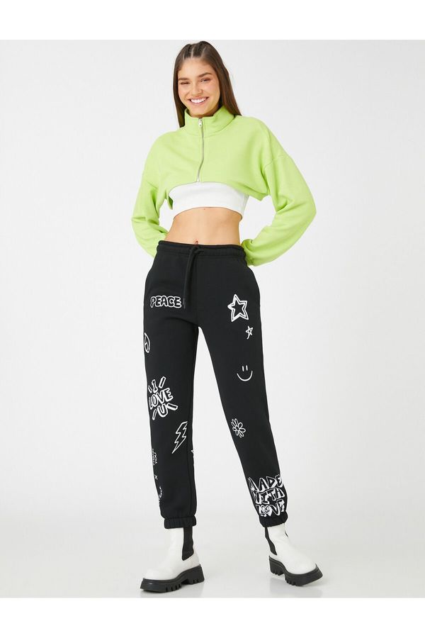 KOTON JOGGER PANTS WITH PRINTED TIE WAIST ELASTIC LEGS FLEECE INNER