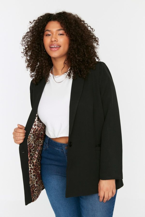 TRENDYOL CURVE BLACK LEOPARD LINING DETAILED BLAZER WOVEN JACKET