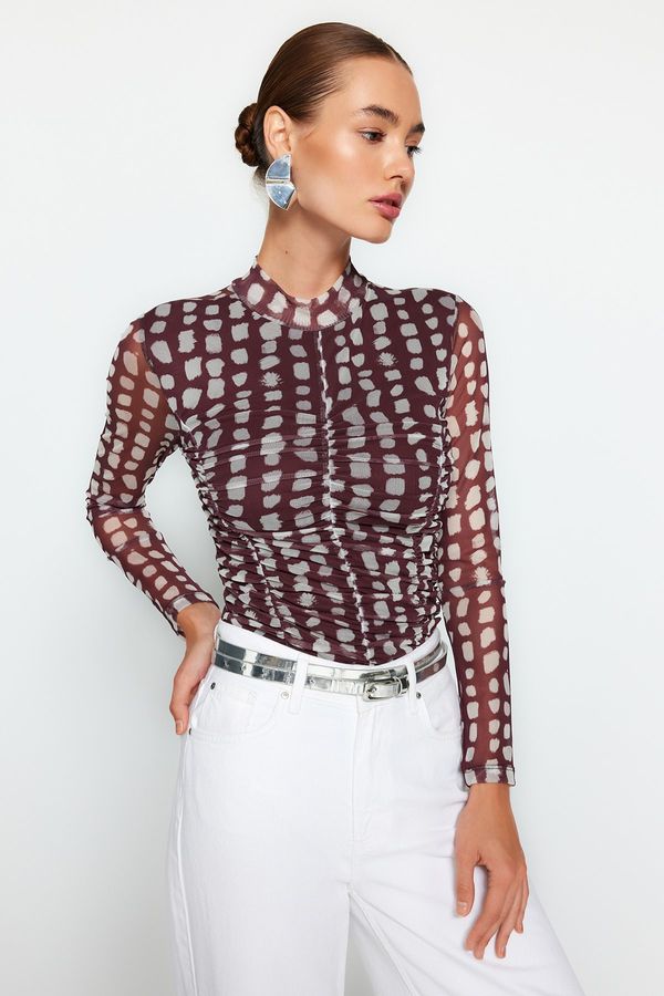 TRENDYOL BURGUNDY PATTERNED DRAPED TULLE BACK SHEER FITTED/SITUATED SNAPS KNITTED BODYSUIT