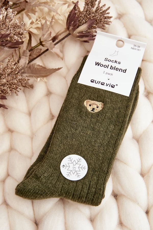 WOMEN'S THICK SOCKS WITH TEDDY BEAR, DARK GREEN
