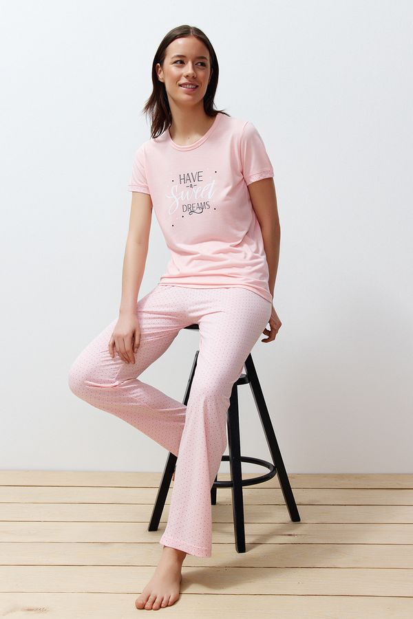 TRENDYOL POWDER SLOGAN PRINTED POLKA DOT KNITTED PAJAMAS SET