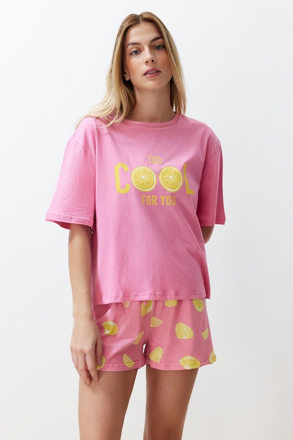 TRENDYOL PINK 100% COTTON SLOGAN FRUIT PRINTED KNITTED PAJAMAS SET