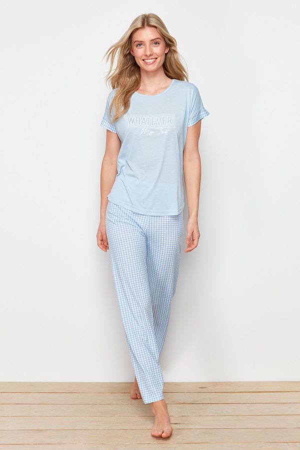 TRENDYOL BLUE GINGHAM AND SLOGAN PRINTED KNITTED PAJAMAS SET