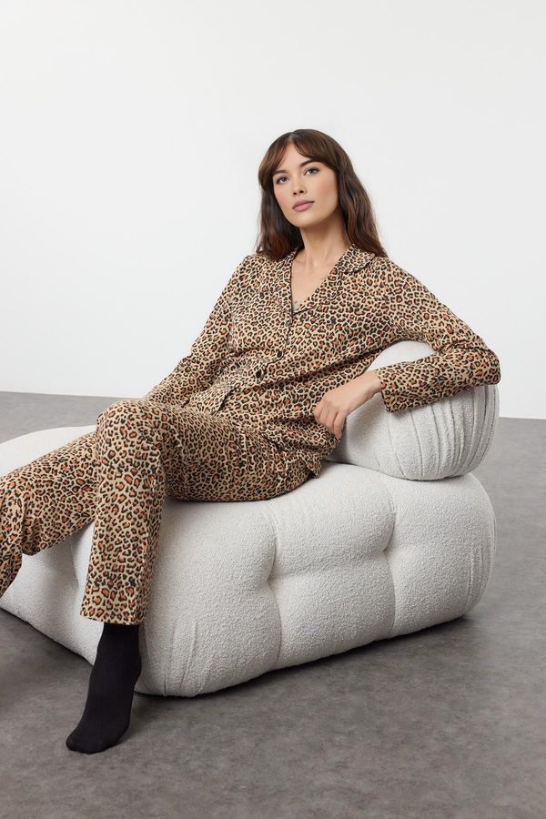 TRENDYOL BROWN COTTON LEOPARD PATTERNED KNITTED PAJAMA SET