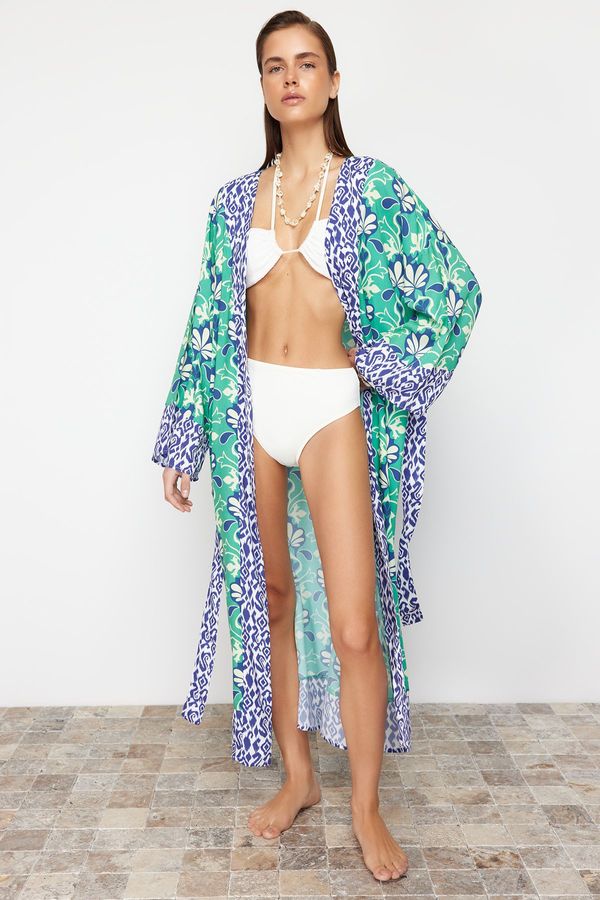 TRENDYOL ETHNIC PATTERNED BELTED MAXI WOVEN KIMONO & KAFTAN