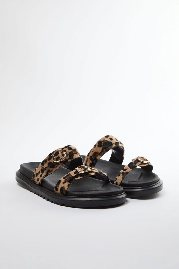 TRENDYOL LEOPARD DOUBLE BUCKLE BROWN THICK SOLE WOMEN'S SLIPPER