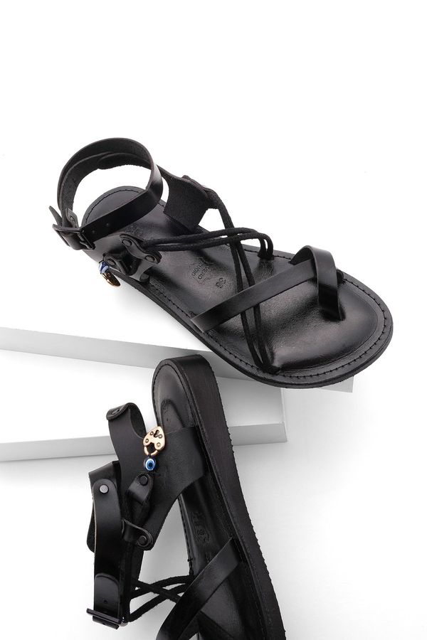 MARJIN WOMEN'S GENUINE LEATHER ACCESSORIED EVA SOLE WITH CROSSED THREADS DETAIL DAILY SANDALS RIVADE BLACK.