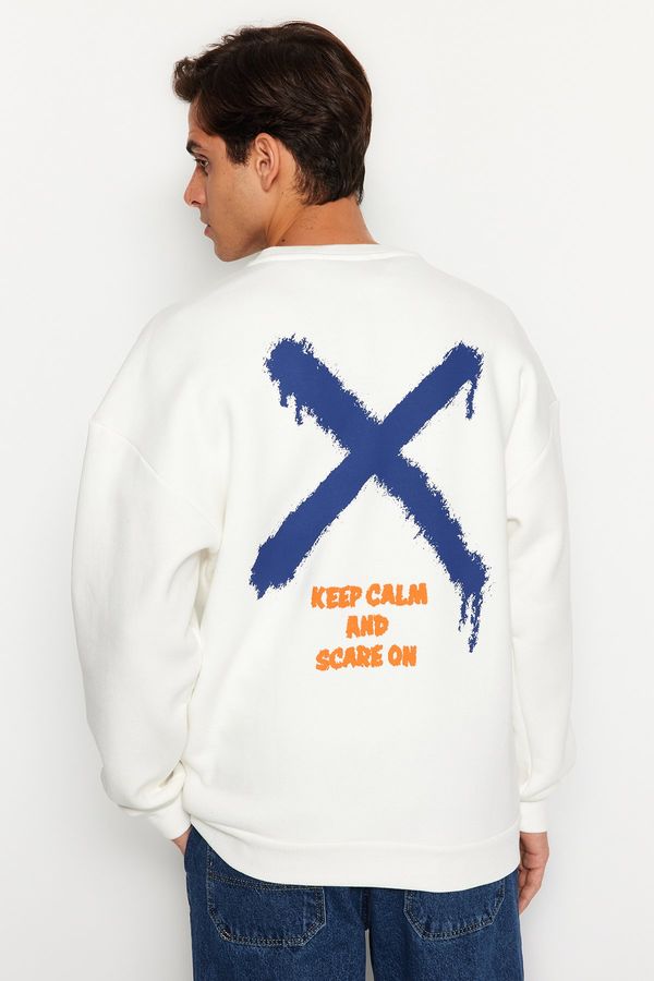 TRENDYOL ECRU OVERSIZE/WIDE-FIT CREW NECK GEOMETRIC BACK PRINTED SWEATSHIRT