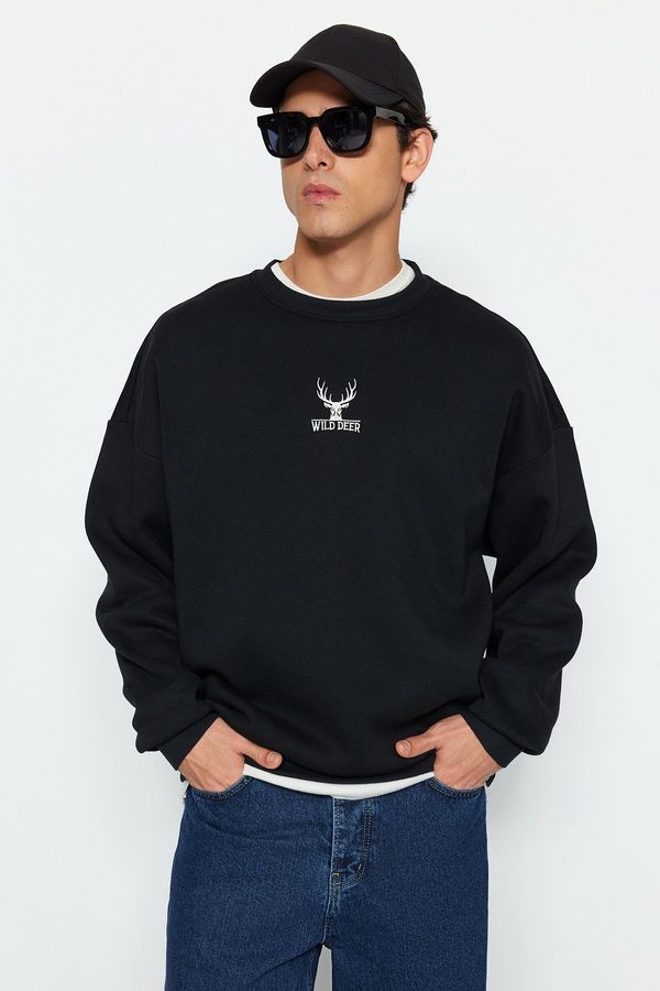 TRENDYOL BLACK OVERSIZE/WIDE CUT CREW NECK LONG SLEEVE ANIMAL EMBROIDERY SWEATSHIRT