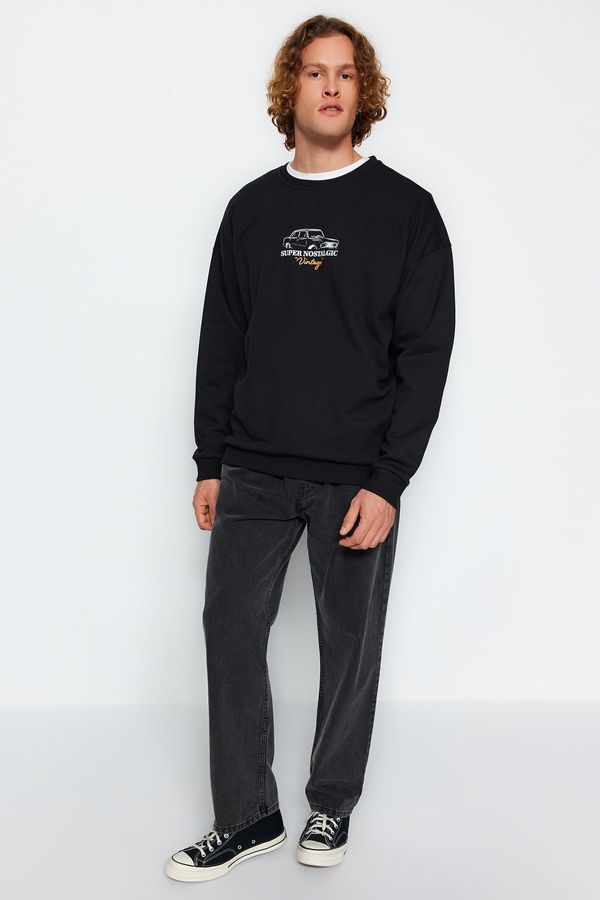 TRENDYOL BLACK OVERSIZE/WIDE CUT CREW NECK LONG SLEEVE CAR PRINT SWEATSHIRT