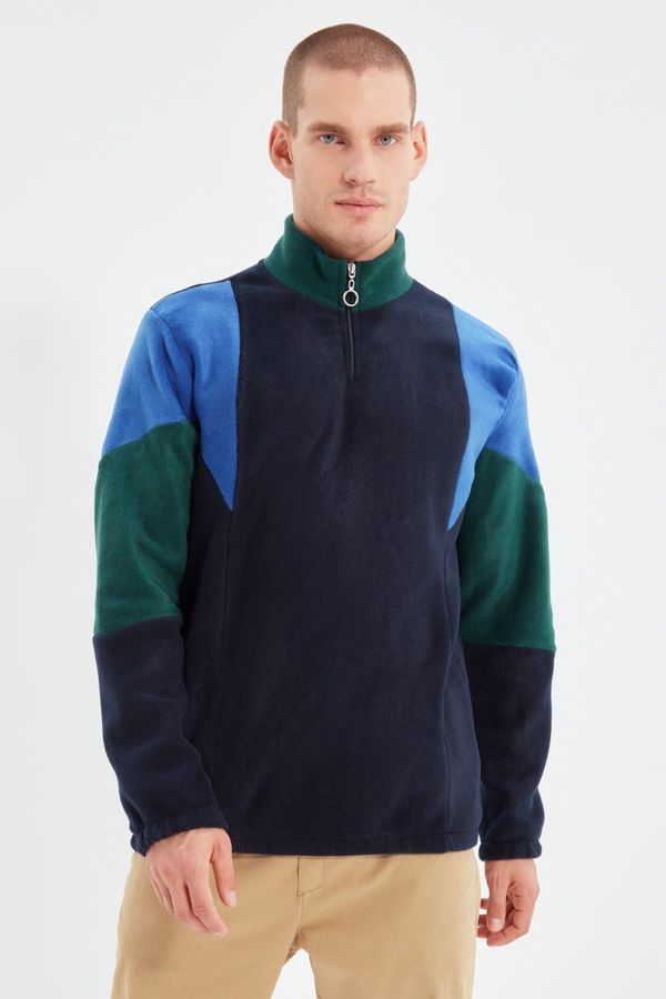 TRENDYOL NAVY BLUE MEN'S REGULAR/NORMAL CUT ZIPPERED STAND COLLAR COLOR BLOCK FLEECE SWEATSHIRT