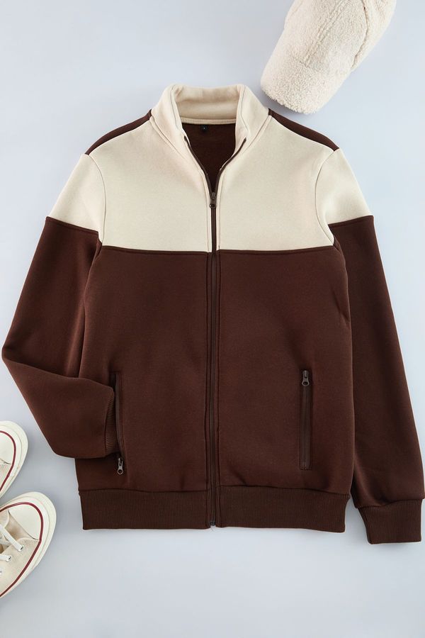 TRENDYOL BROWN-BEIGE REGULAR FIT LONG SLEEVE STAND COLLAR ZIPPERED SWEATSHIRT