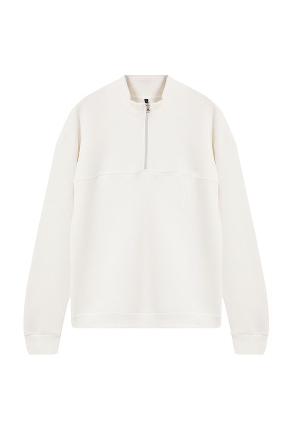 TRENDYOL ECRU OVERSIZE/WIDE CUT STAND COLLAR ZIPPERED BASIC SWEATSHIRT