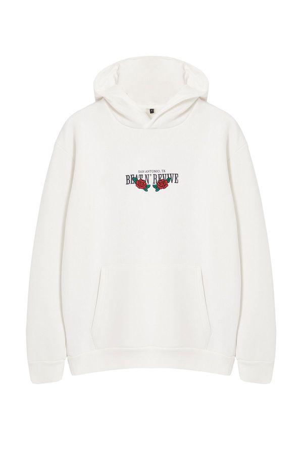 TRENDYOL ECRU OVERSIZE/WIDE CUT LETTER PRINTED FLORAL EMBROIDERED HOODED SWEATSHIRT WITH FLEECE INSIDE