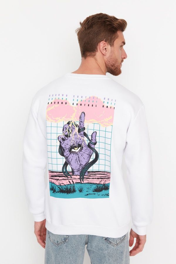 TRENDYOL WHITE RELAXED FIT CREW NECK FLEECE THICK SWEATSHIRT