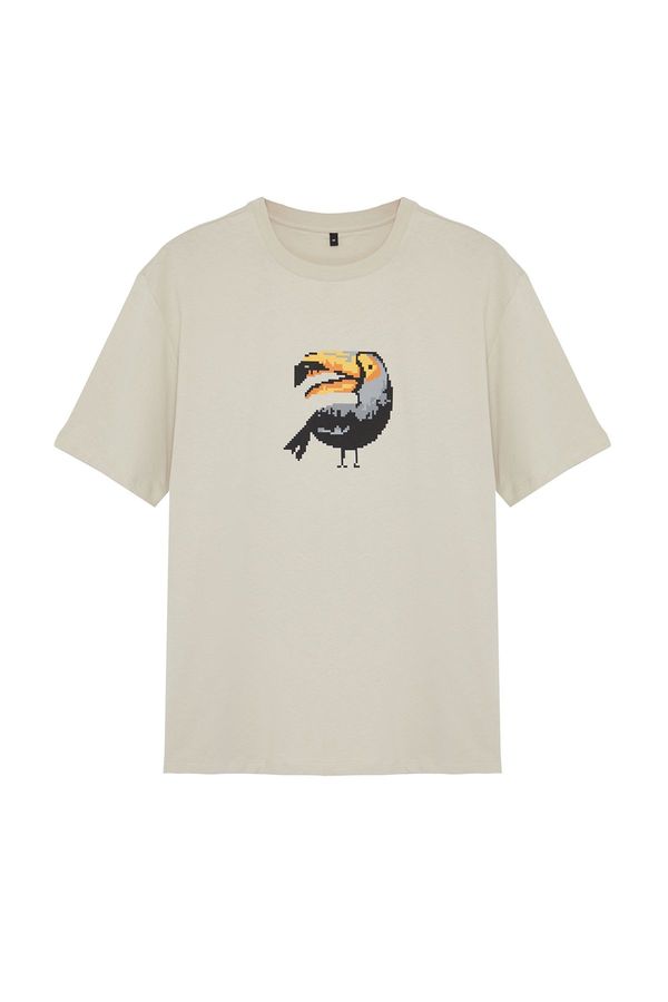 TRENDYOL STONE MEN'S RELAXED/COMFORTABLE CUT MORE SUSTAINABLE ANIMAL PRINT 100% ORGANIC COTTON T-SHIRT