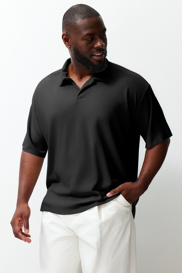 TRENDYOL LIMITED EDITION PLUS SIZE BLACK MEN'S OVERSIZE TEXTURED OTTOMAN POLO NECK T-SHIRT