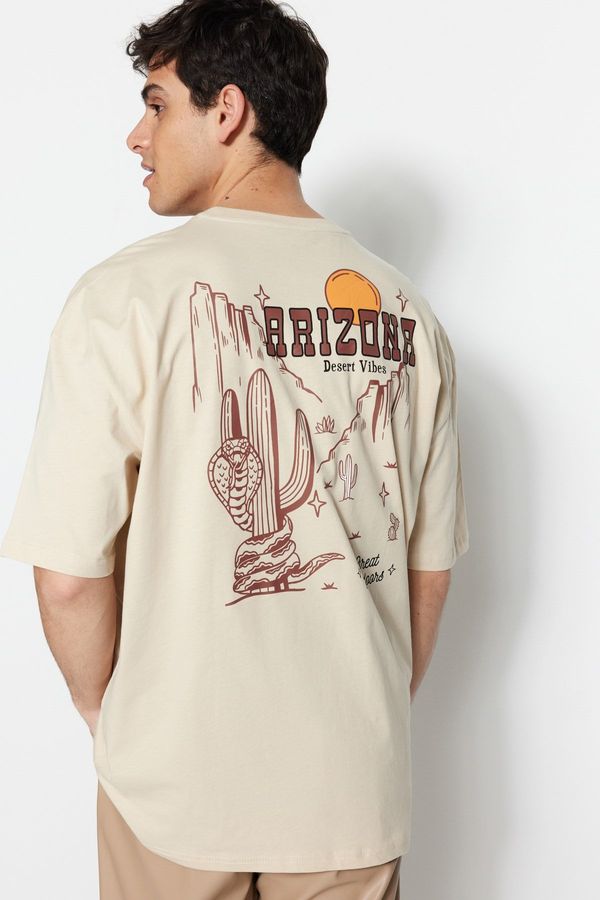 TRENDYOL BEIGE OVERSIZE/WIDE CUT TROPICAL ARIZONA CITY PRINTED 100% COTTON T-SHIRT