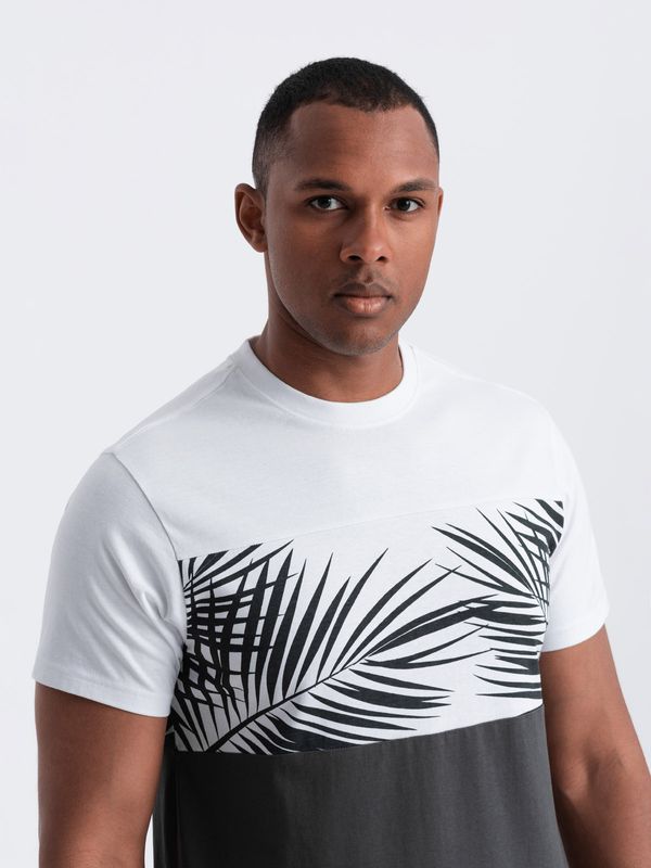 OMBRE MEN'S TWO-TONE T-SHIRT WITH PALM LEAF PRINT - DARK GREY