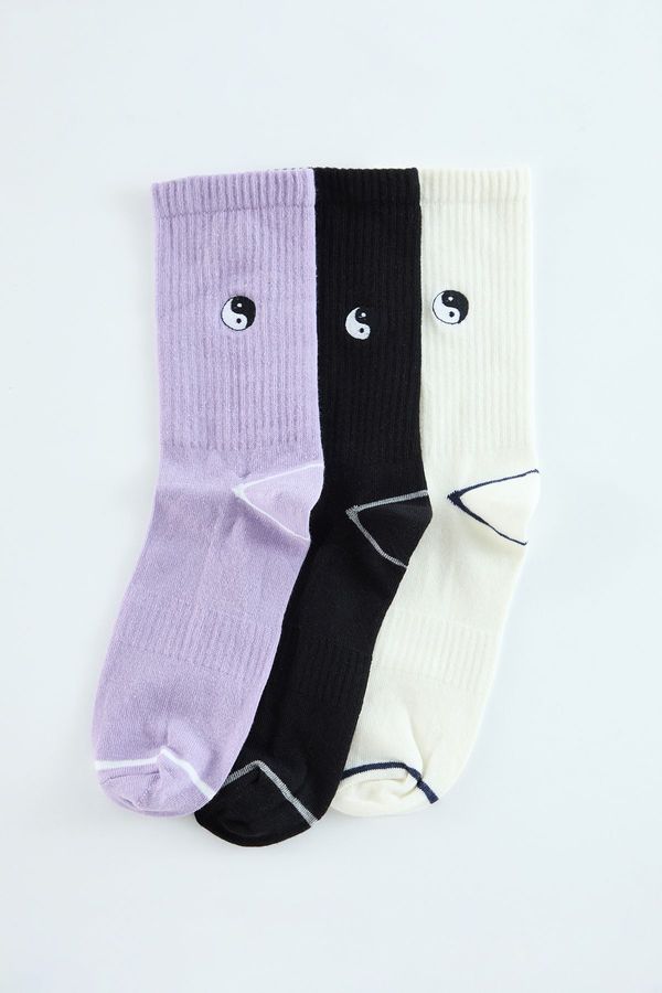 TRENDYOL LILA UNISEX 3-PIECE YING-YANG EMBROIDERED COTTON STRIPED COLLEGE-TENNIS-MEDIUM SIZE SOCKS