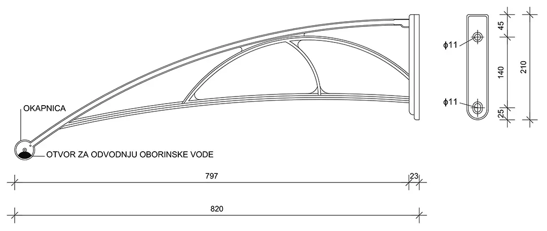 Nadstrešnica Za Vrata 82x120cm Bela Baza Ploča Bronza 6mm