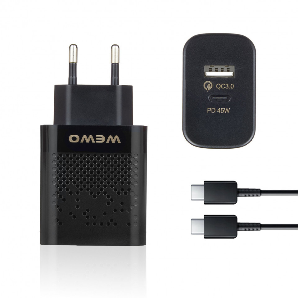 Punjač 45W za mobilni USB A plus USB Type C QC 3.0 45W, WEWO PD 45W, s kablom i bez kabla