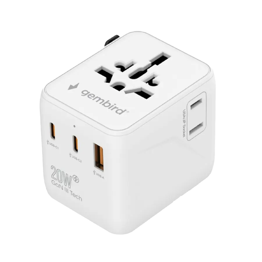 Gembird univerzalni adapter za napaјanje za sve zemlje, USB + Type-C punjač, 20W, beli, TPA-1A2C20-01-W