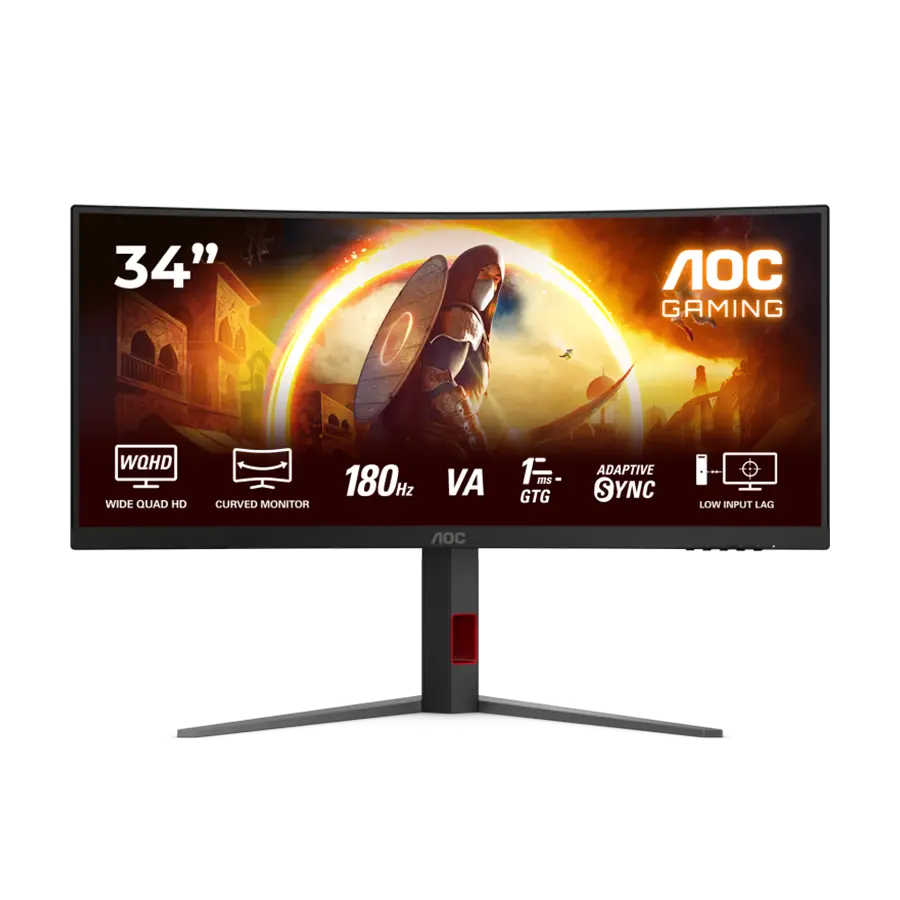 AOC geјmerski monitor CU34G4, 34", zakrivljeni, brzi VA, 3440×1440, 180Hz, 0.5ms MPRT, 300 cd/m², 2500:1, 1500R, FreeSync Premium, HDR10, crni