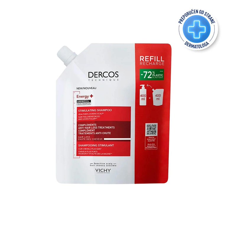 VICHY DERCOS Energetski Šampon Protiv Gubitka Kose sa Aminexilom i Vitaminima PP, B5 i B6 REFILL 400 mL
