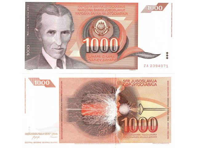 Jugoslavija 1000 Dinara 1990 UNC , P-107 ZAMENSKA