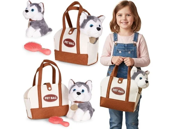 Eco Toys Plišana igračka za decu štene Husky, torba + četka za negu