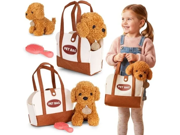 Eco Toys Plišana igračka za decu štene Brown Poodle, torba + četka za negu