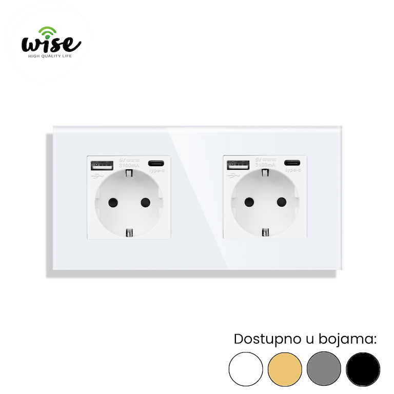 Wise dvostruka utičnica 16A + USB – A/C punjač, stakleni panel