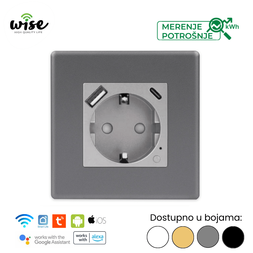Wise pametna utičnica sa merenjem potrošnje + USB – A/C punjač, PVC panel