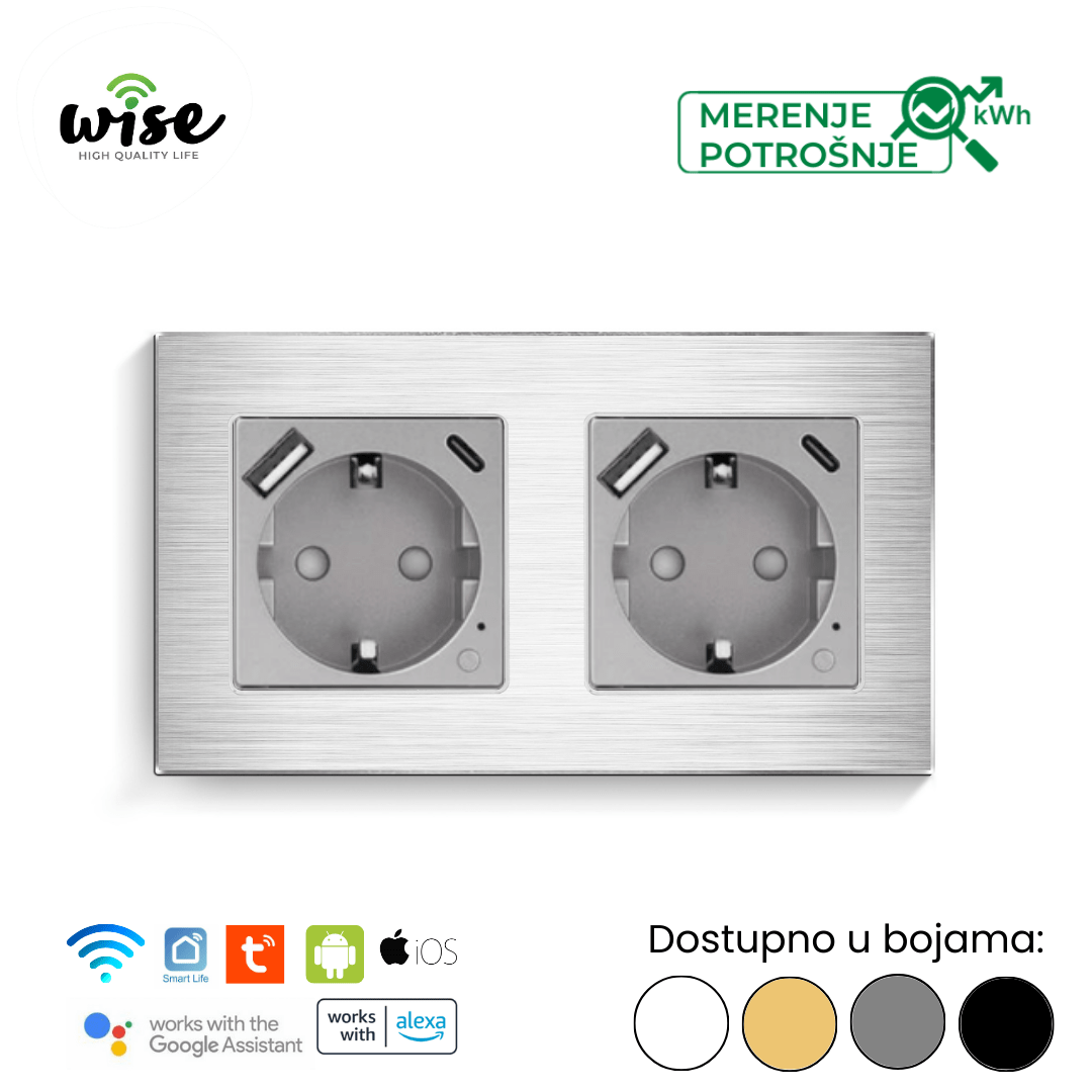 Wise pametna dvotruka utičnica sa merenjem potrošnje + USB – A/C punjač,
aluminijum