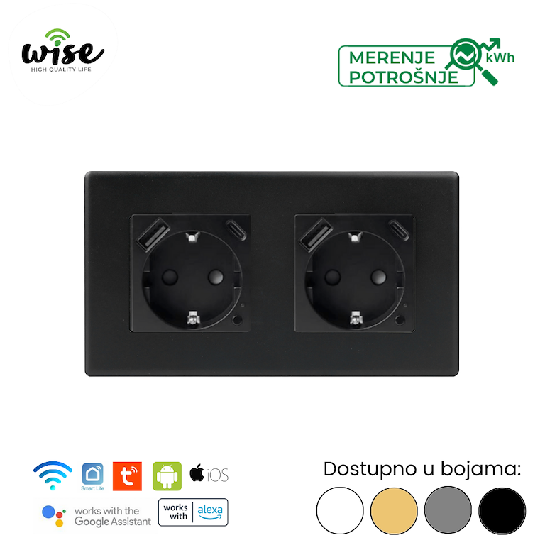 Wise pametna dvotruka utičnica sa merenjem potrošnje + USB – A/C punjač, PVC panel