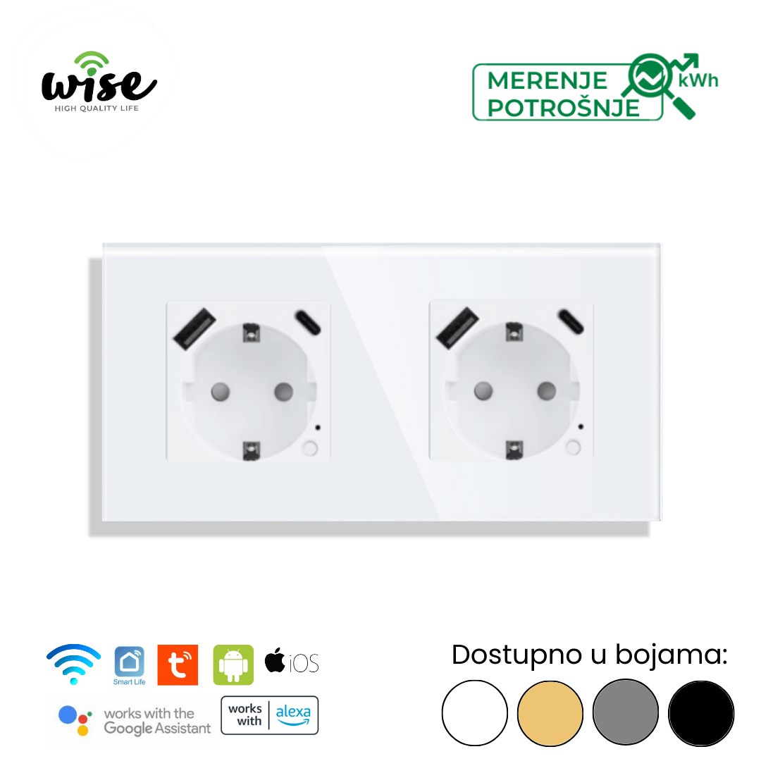 Wise pametna dvotruka utičnica sa merenjem potrošnje + USB – A/C punjač, stakleni panel