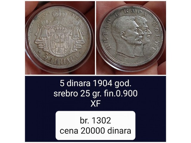 5 dinara 1904 god. srebro 25 gr