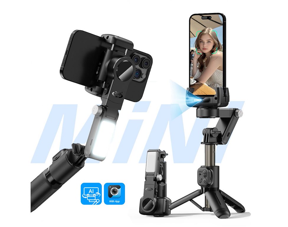 Tripod stabilizator Q19 smart AI sa selfie stickom i LED svetlom crni